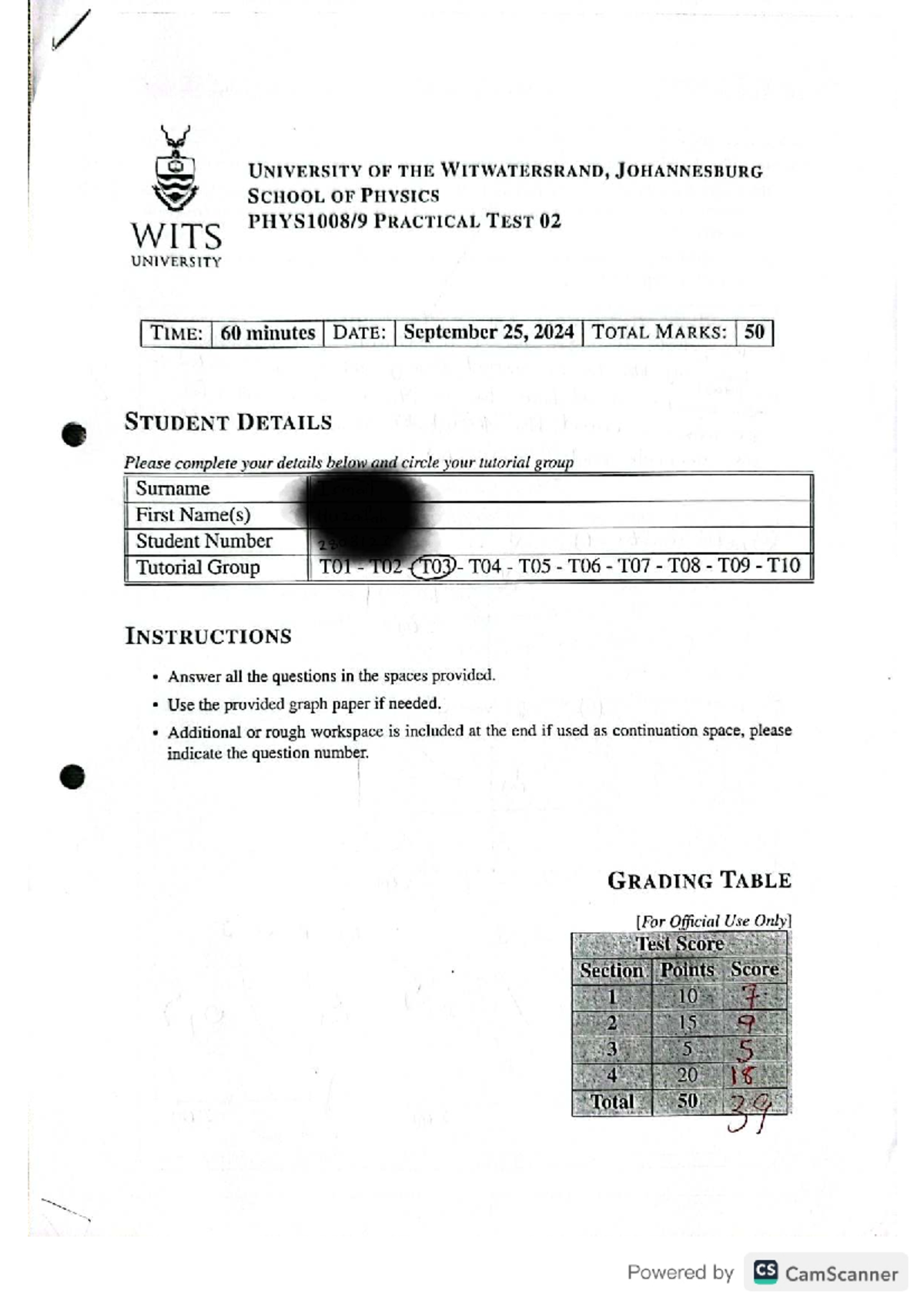 WITS PHYSICS PRACTICAL TEST 02 - September 25, 2024 - Studocu