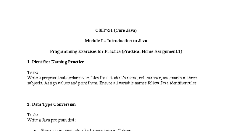 CSIT751 (Core Java) Module I Practical Home Assignment 1 Exercises ...