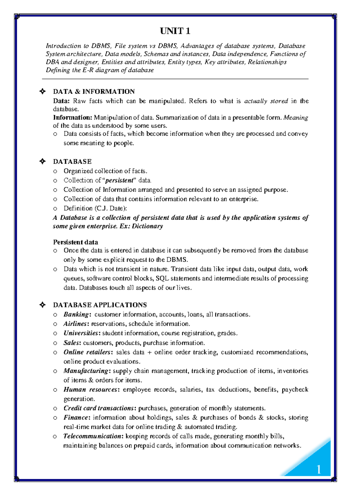 UNIT 1 - Introduction to DBMS: Concepts, Architecture, and Applications - Studocu