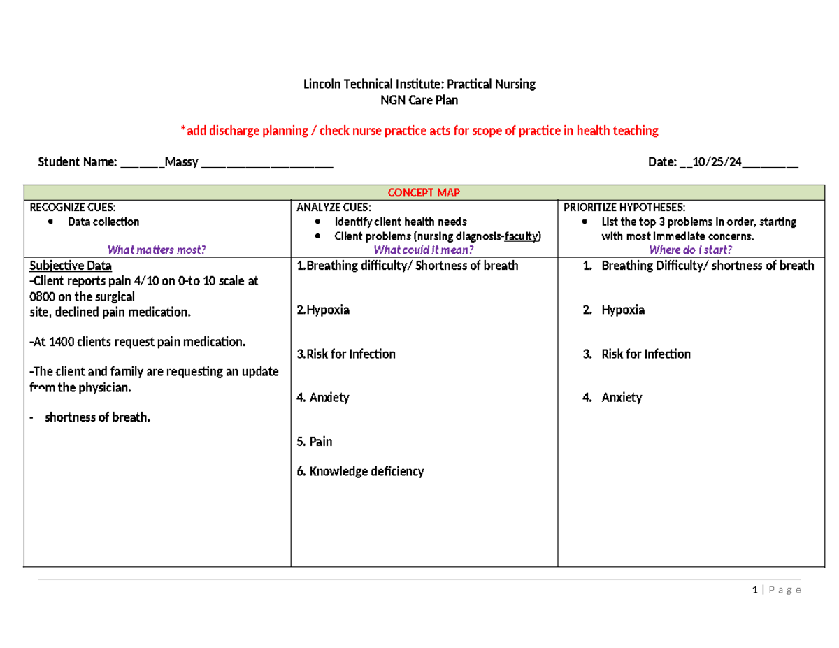 NGN Care Plan case study adult appendicitis - Lincoln Technical ...
