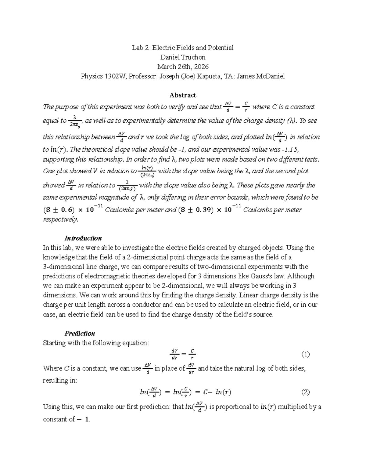 PHYS 1302W Lab 2: Exploring Electric Fields and Charge Density - Studocu