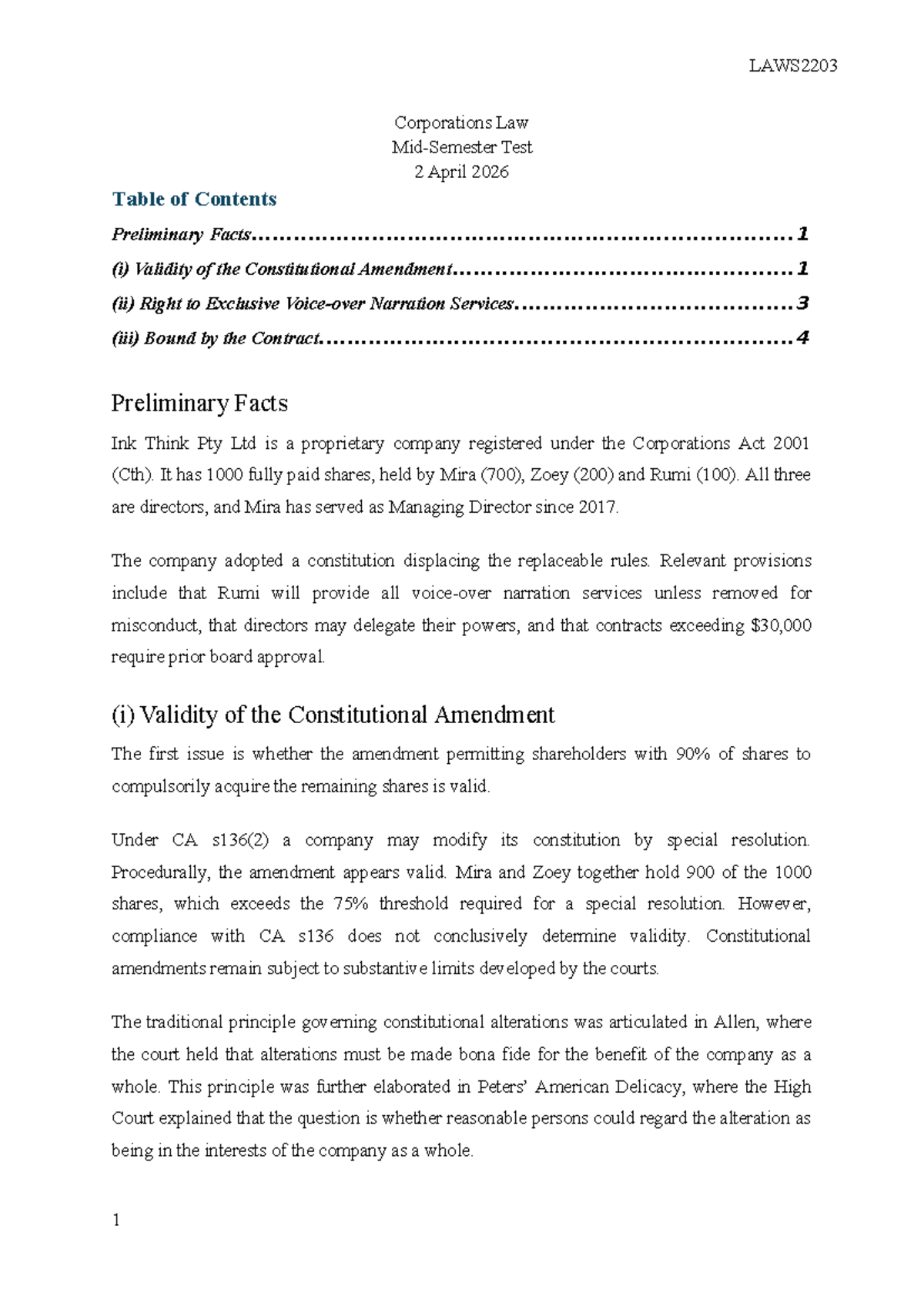 LAWS2203 Corporations Law Test 2 Analysis and Key Issues - Studocu
