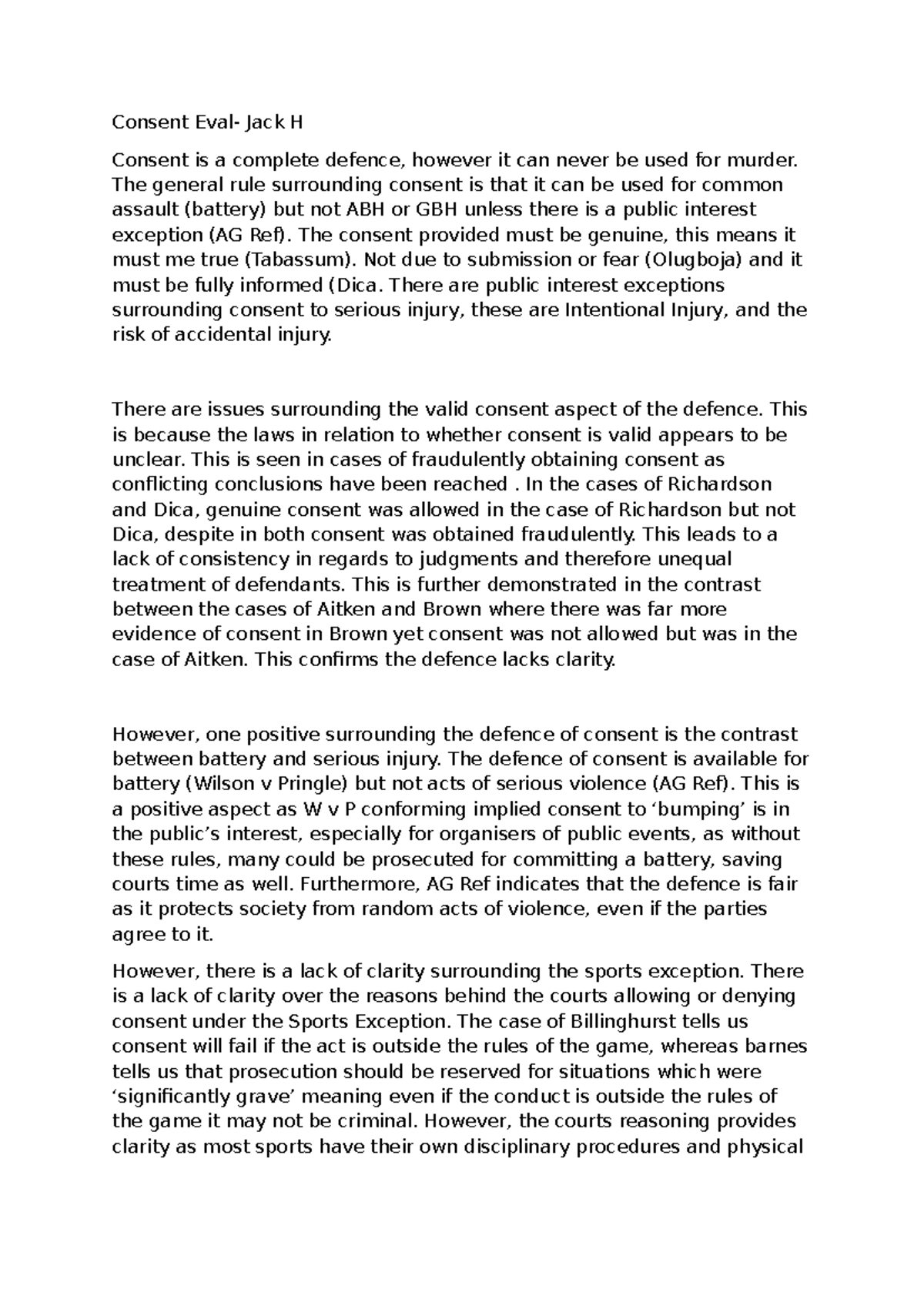 Consent Evaluation: Legal Perspectives on Defense in Criminal Law - Studocu