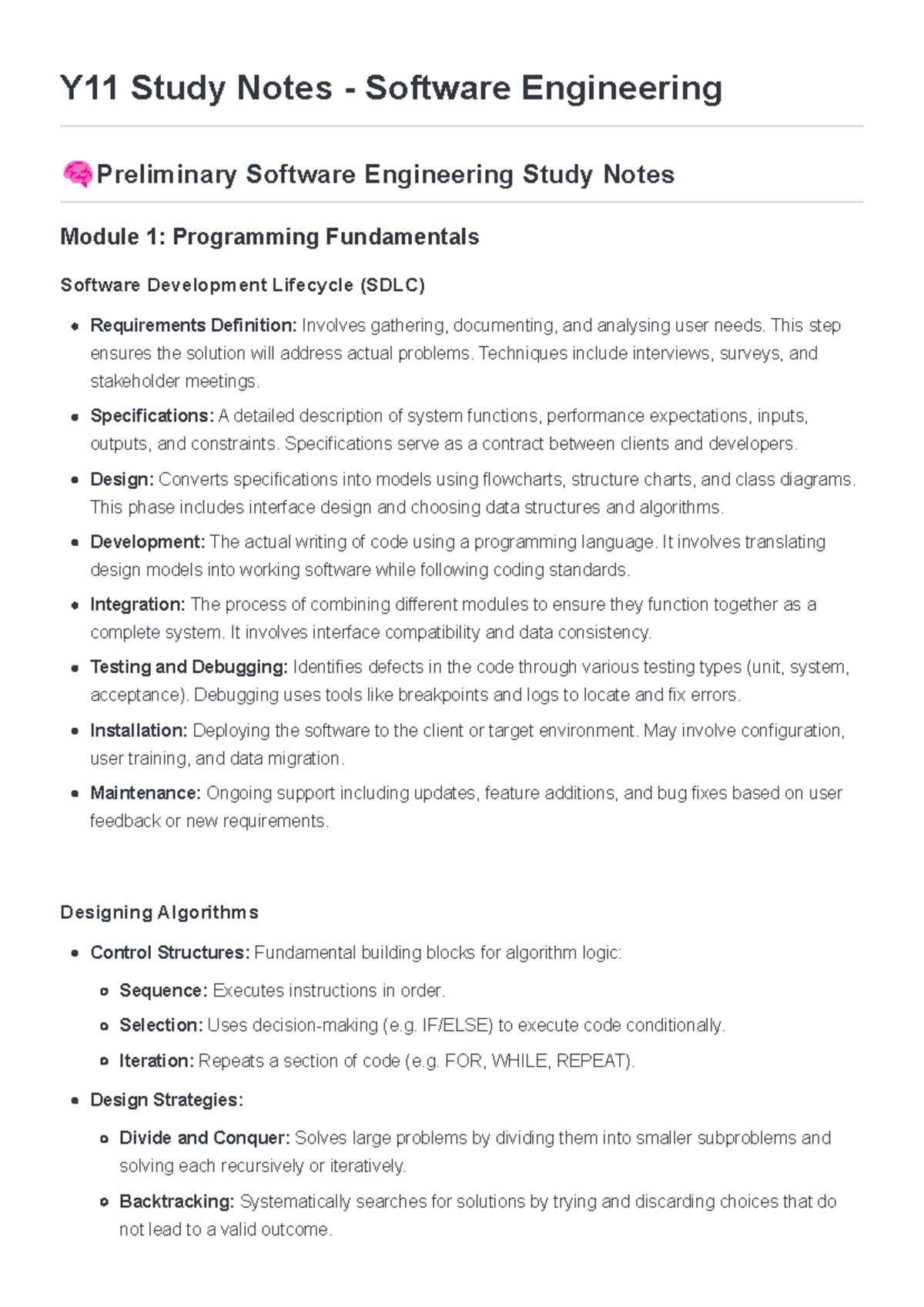 Y11 Study Notes - Software Engineering: Module 1 Overview - Studocu