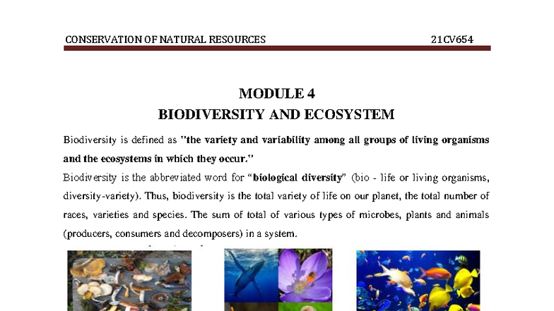 CNR 21CV654 Module 4: Biodiversity and Ecosystem Conservation Notes ...