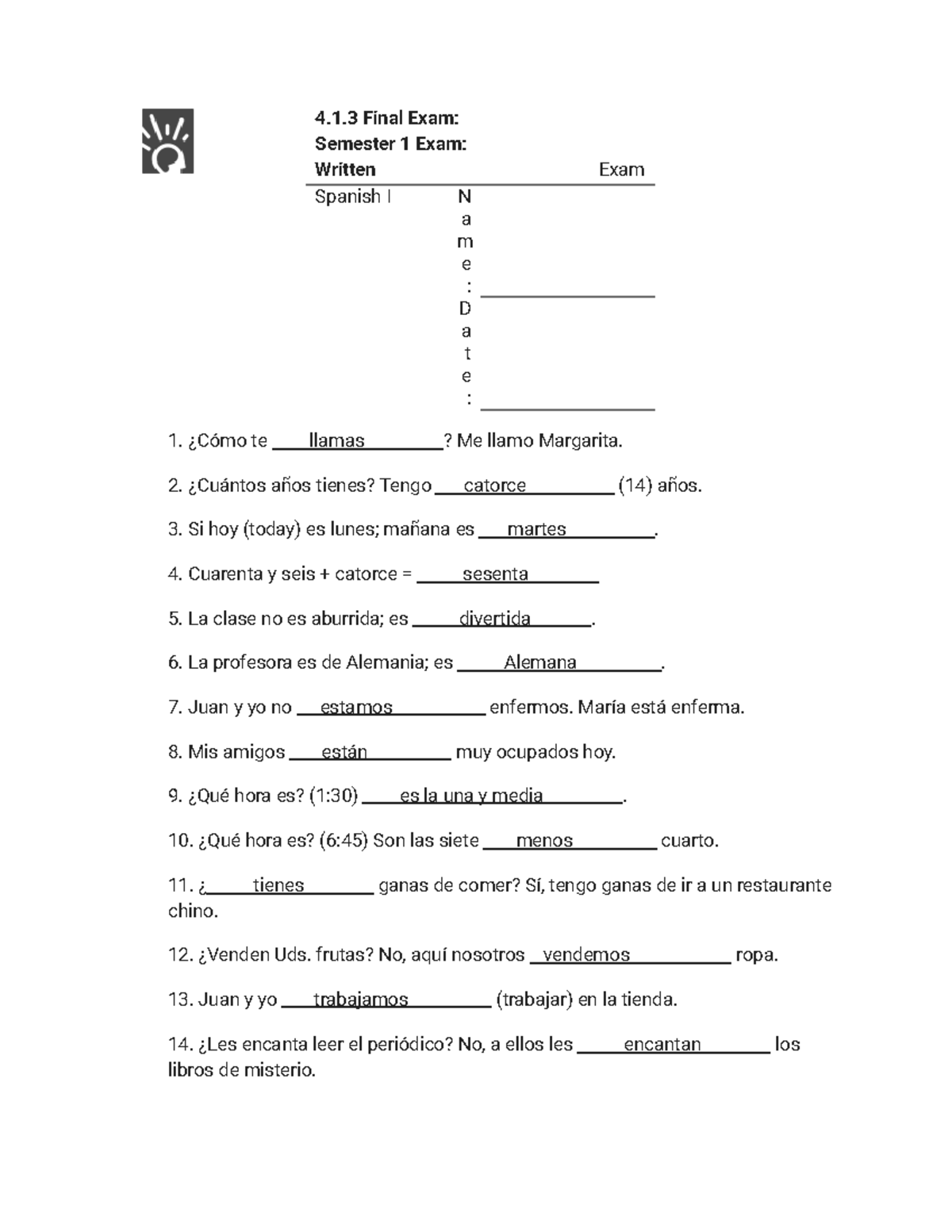 4.1.3 Final Exam: Written Spanish I - Semester 1 Review Notes - Studocu