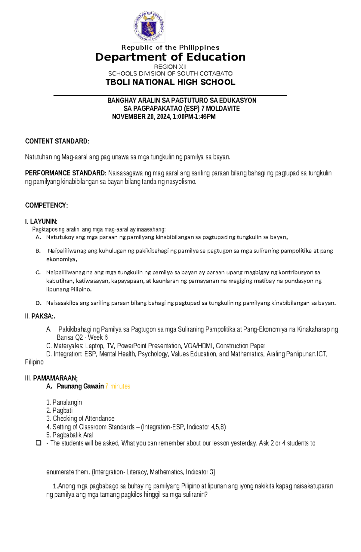 1 Final Lesson PLAN FOR ESP 7 - Department of Education REGION XII ...