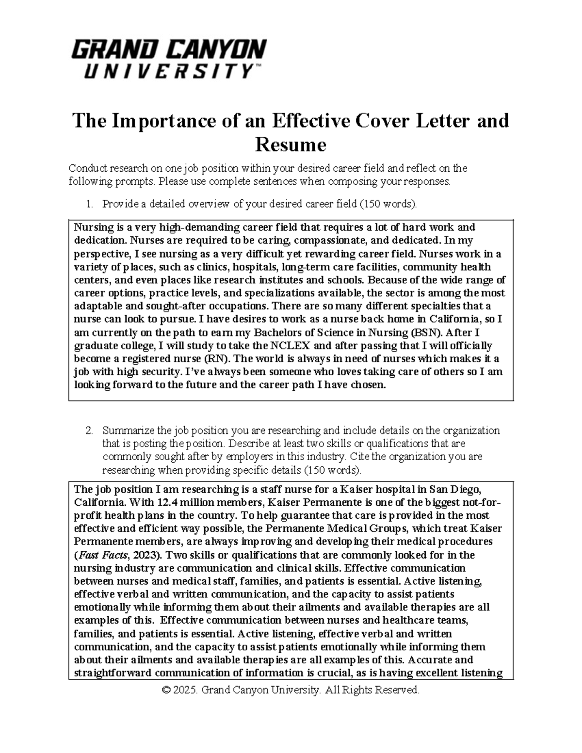 NUR 301: CV & Cover Letter Assignment for Nursing Careers - Studocu