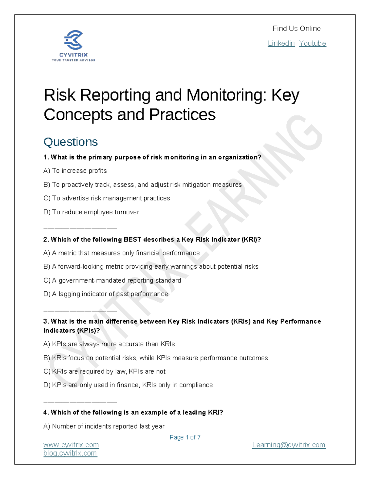 RISK 101: Reporting & Monitoring MCQs for Exam Prep - Studocu
