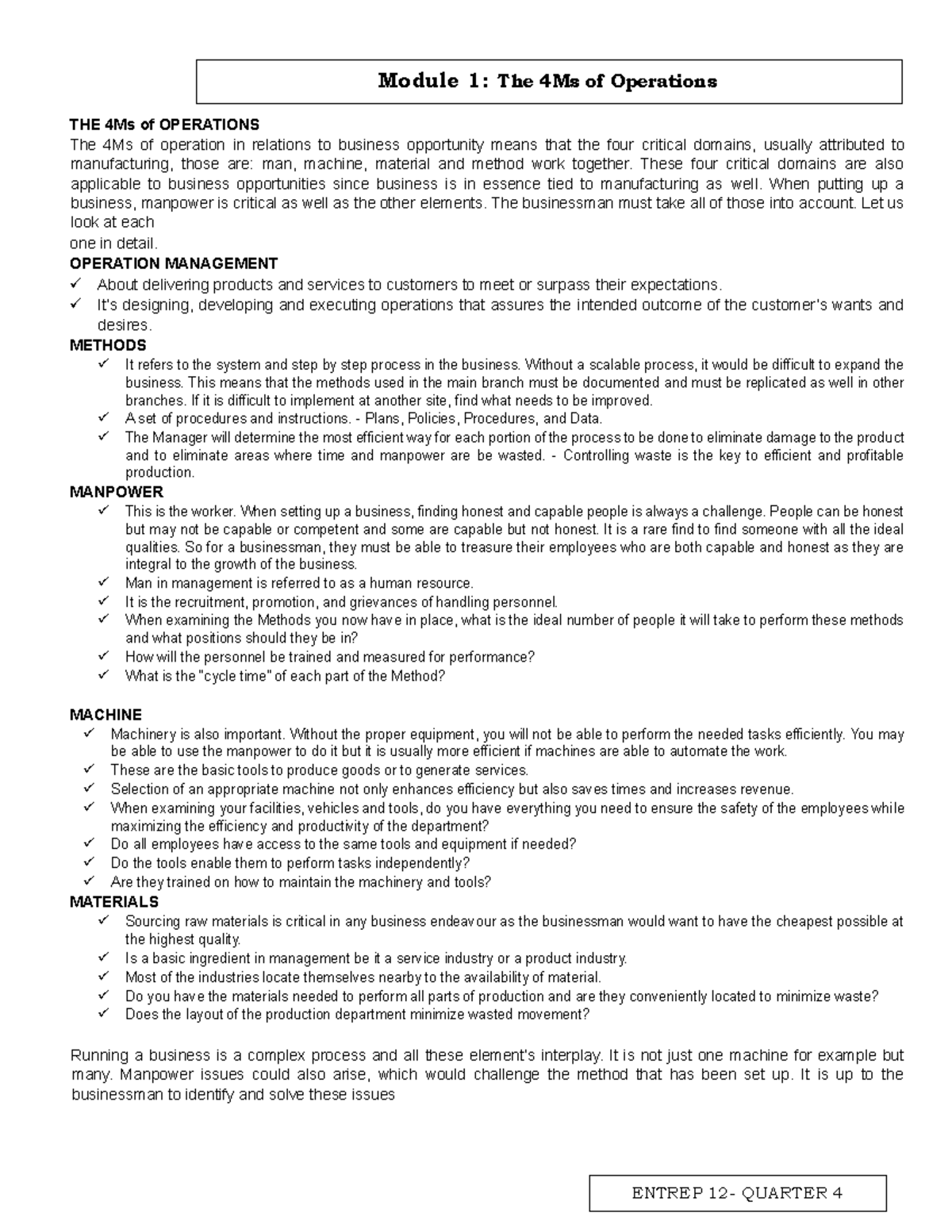 Entrep Module 1 Information Sheet - Module 1 : The 4Ms of Operations ...