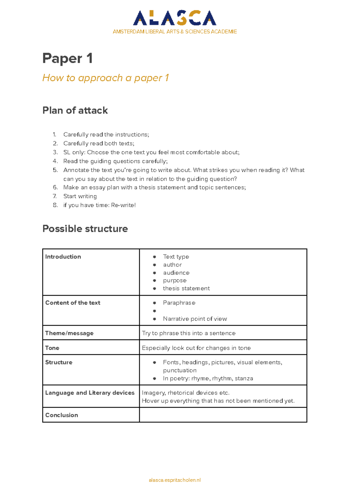 AMSTERDAM LIBERAL ARTS SCIENCES ACADEMIE Paper 1: Approach & Planning ...