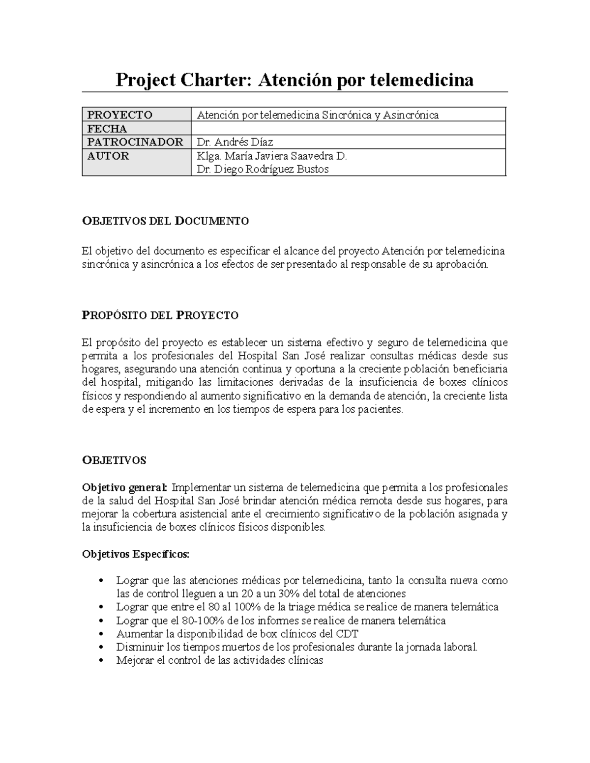 Project Charter: Implementación de Telemedicina Sincrónica y ...