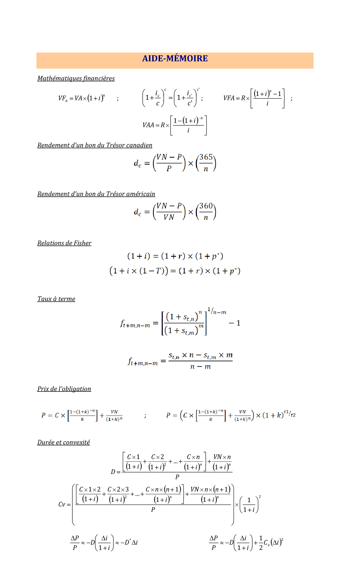 Feuille de Formules - Mathématiques Financières (Intra) - Studocu