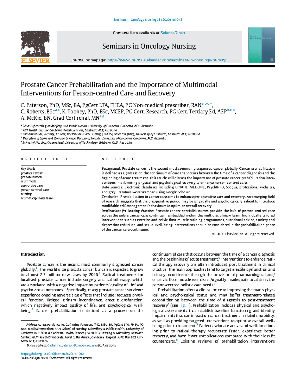 Prostate Cancer Prehabilitation: Multimodal Interventions for Recovery ...