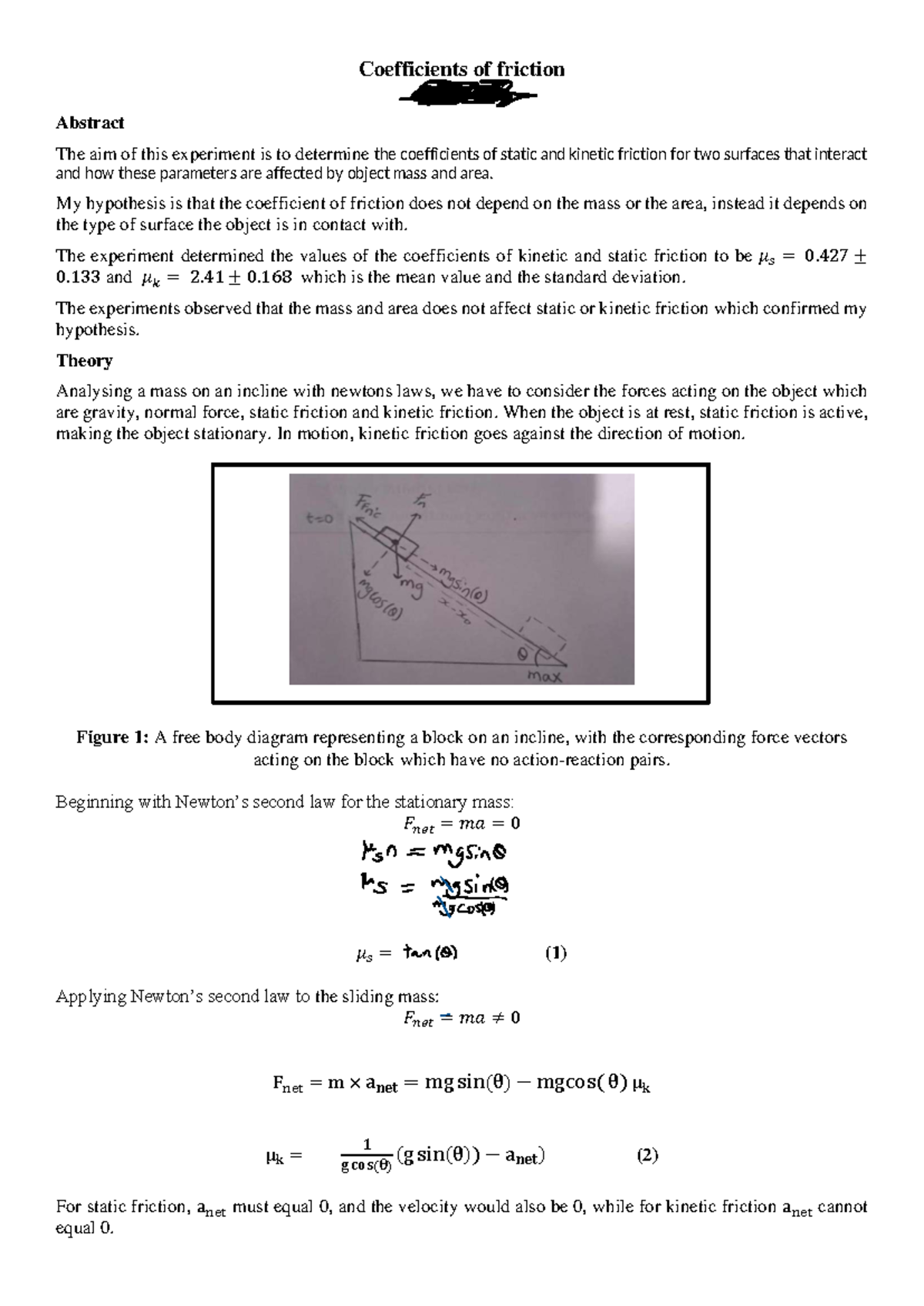 Lab 2 Report: Coefficients of Friction Analysis - Studocu
