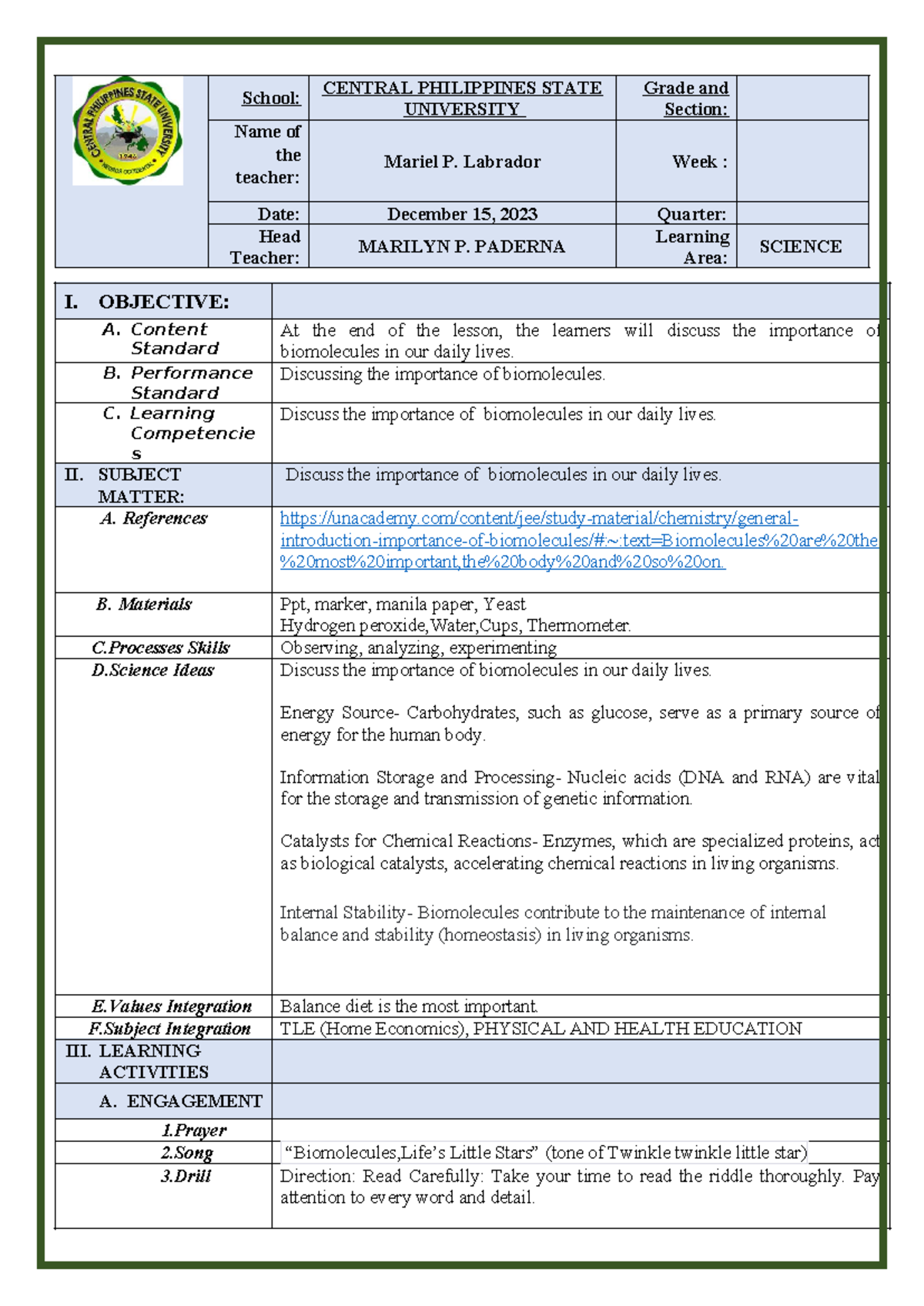 Final Lesson Plan for Biochemistry (SCI 3B) - Importance of ...