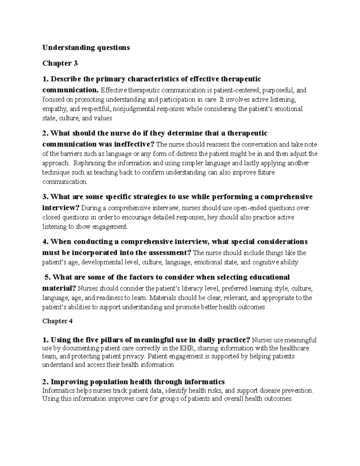 Understanding Questions: Therapeutic Communication & Informatics (Ch. 3 ...