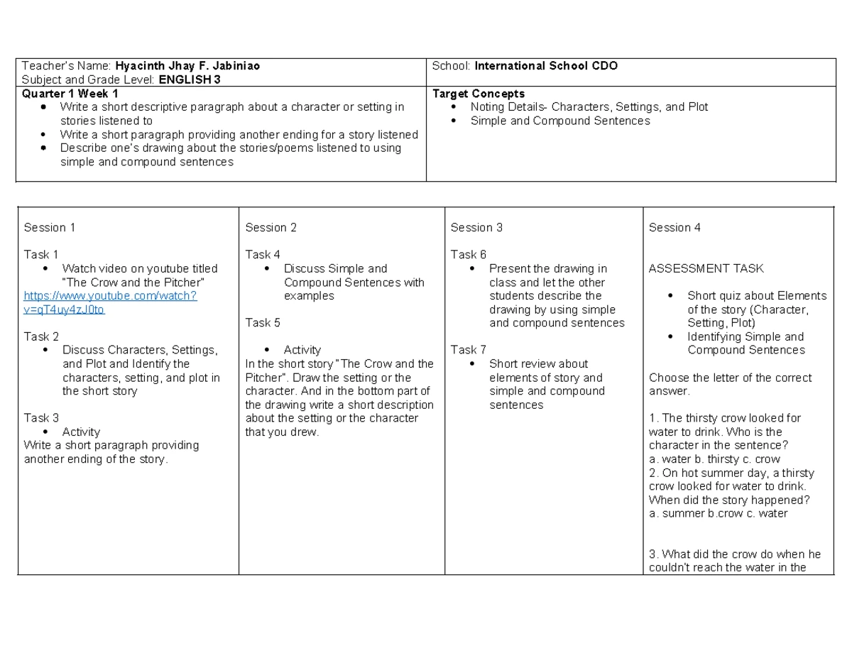 Grade 3 English Lesson Plan: 2 Syllable Words - Q1 W6 - Studocu