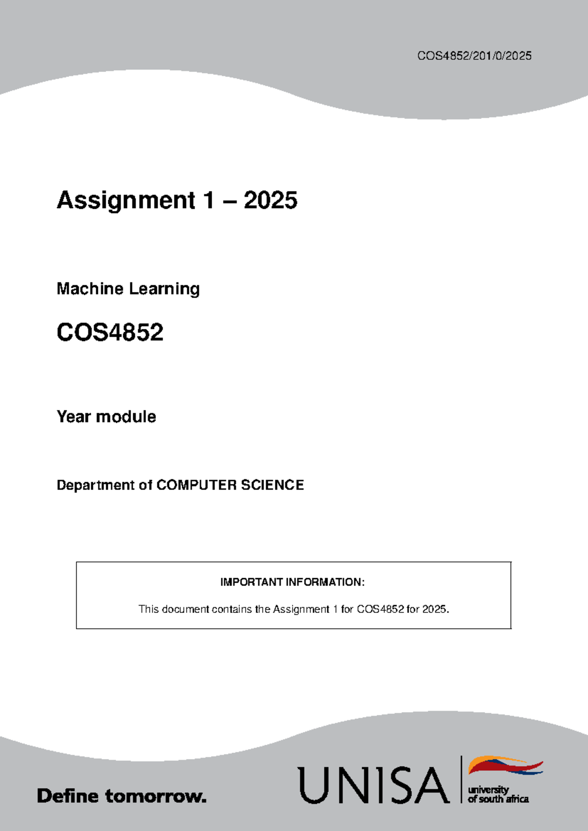 COS4852 2025 Assignment 1 - Machine Learning Overview and Tasks - Studocu
