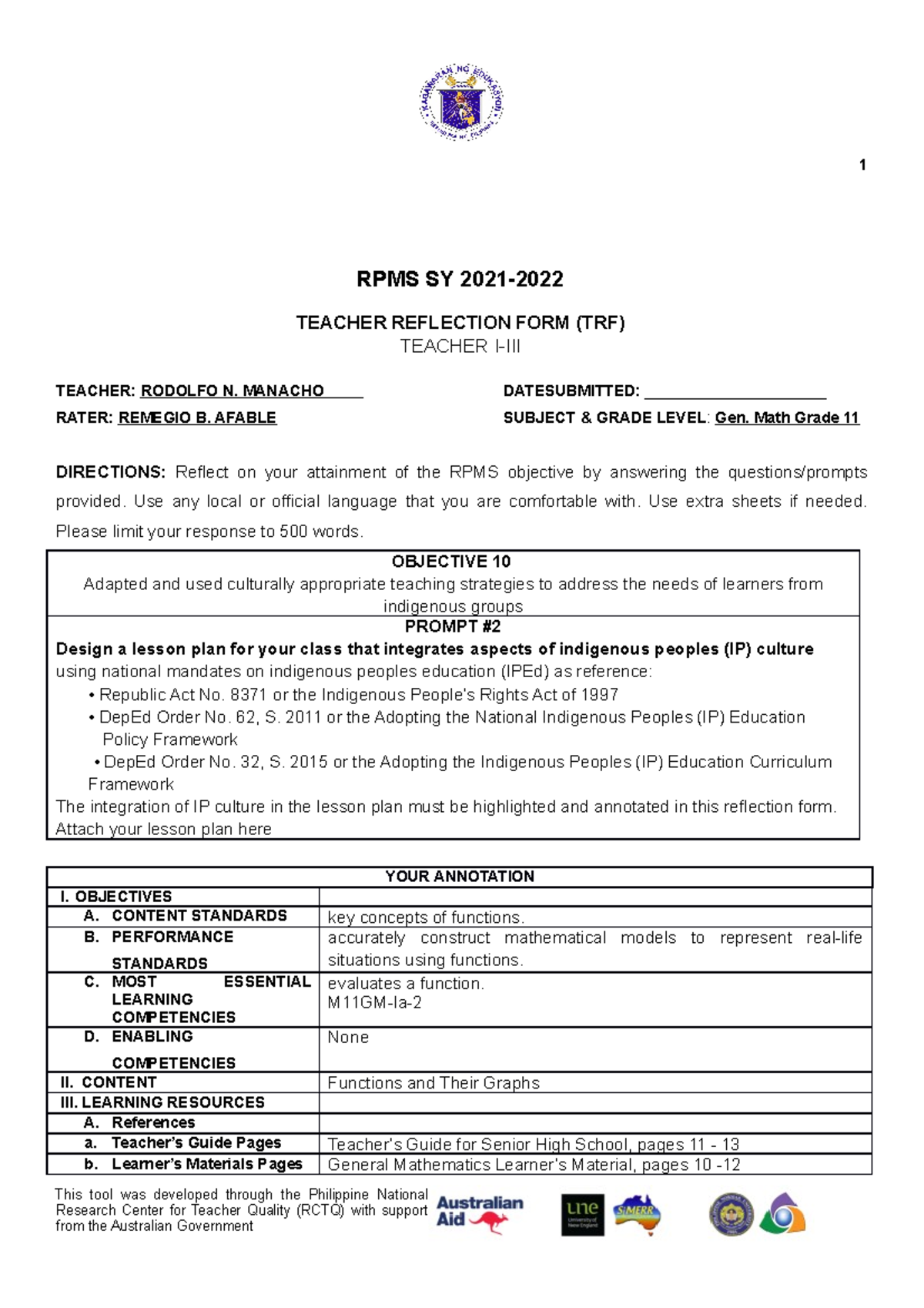 Lesson Plan for TRF Objective 10 Prompt 2 - 1 RPMS SY 2021- TEACHER REFLECTION FORM (TRF ...