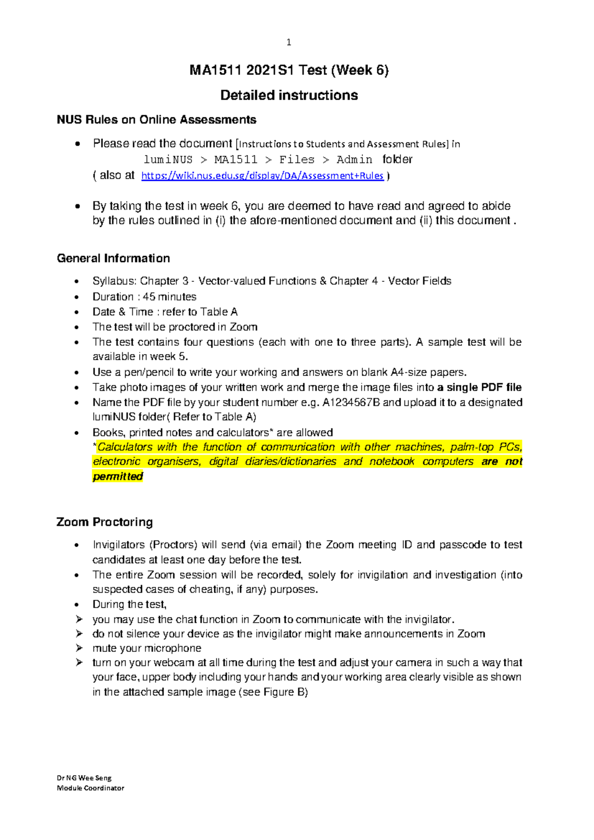 MA1511 2021S1 Test Detailed Instructions - 1 Dr NG Wee Seng Module ...