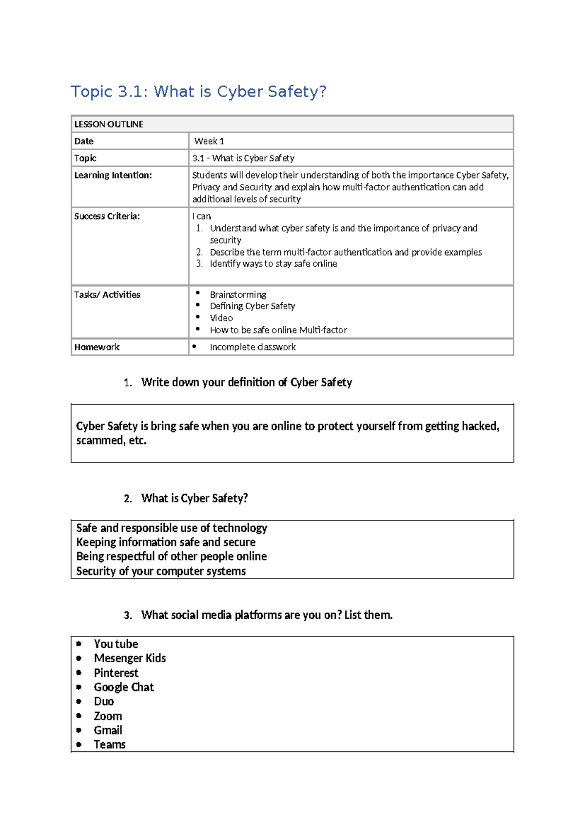Topic 3.1: Understanding Cyber Safety - Lesson Outline - Studocu