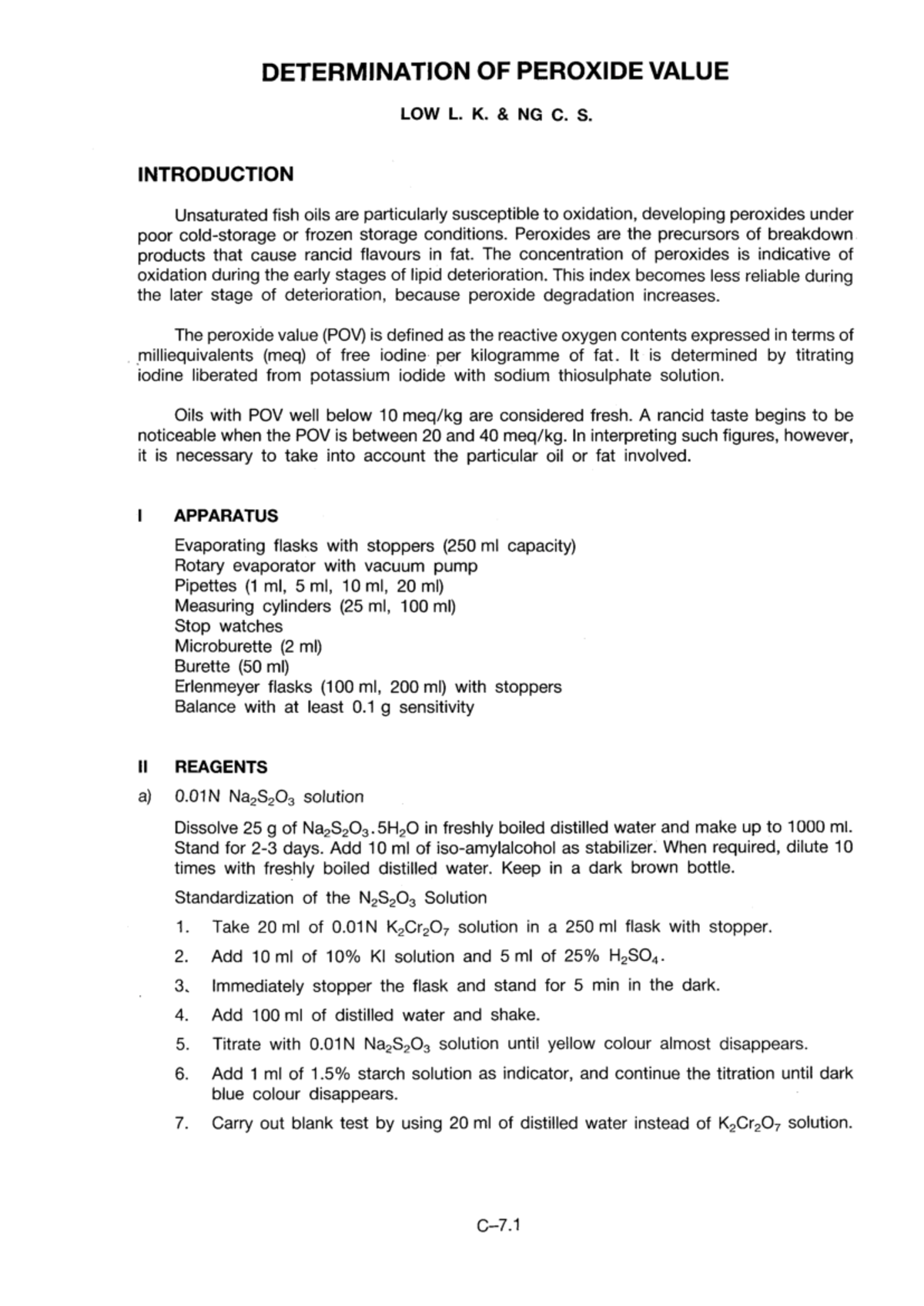 Determination of Peroxide Value (Low L.K. & NG C.S) - Methodology - Studocu