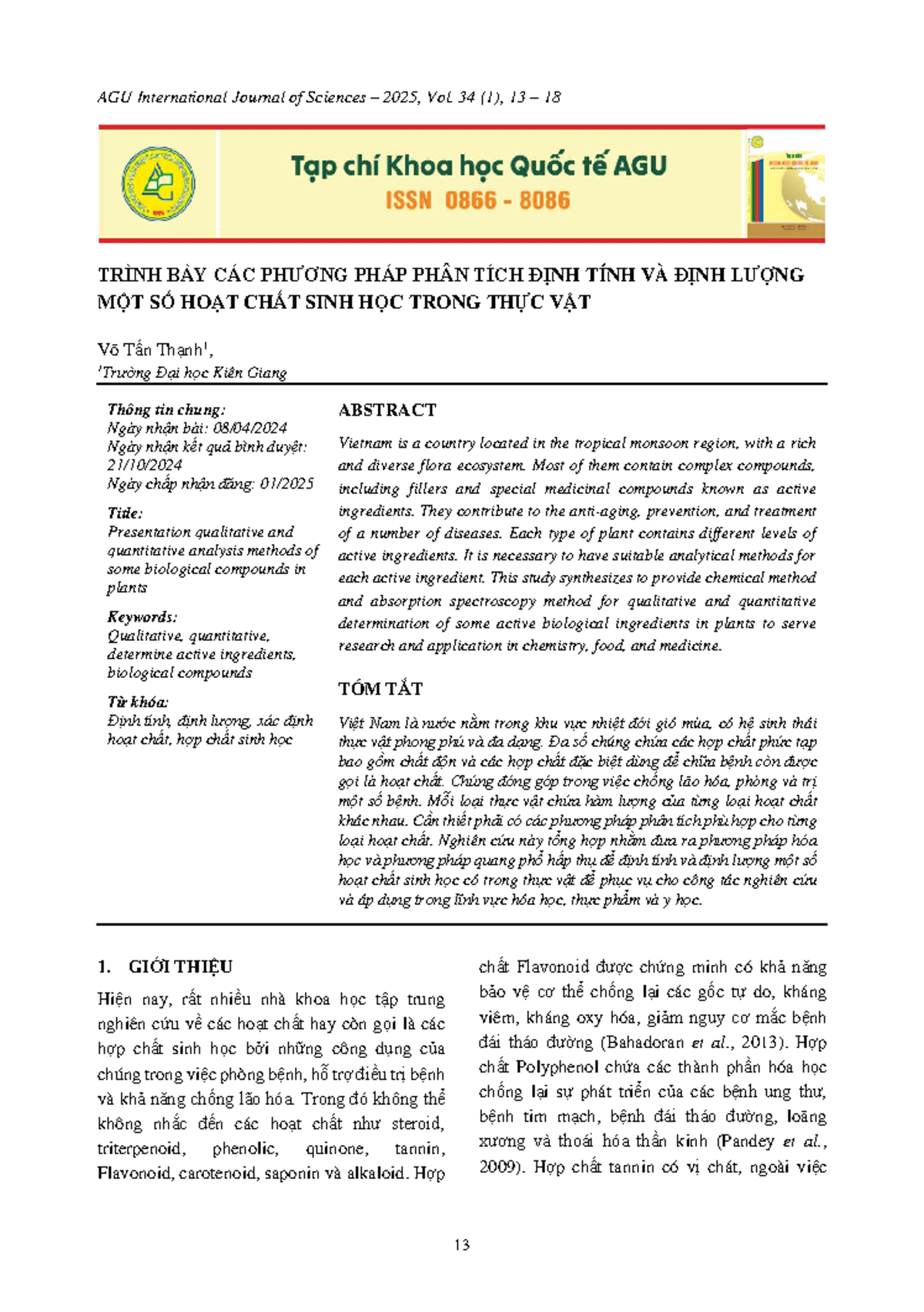 AGU International Journal of Sciences 2025, Vol. 34 (1), 13-18: Phân ...