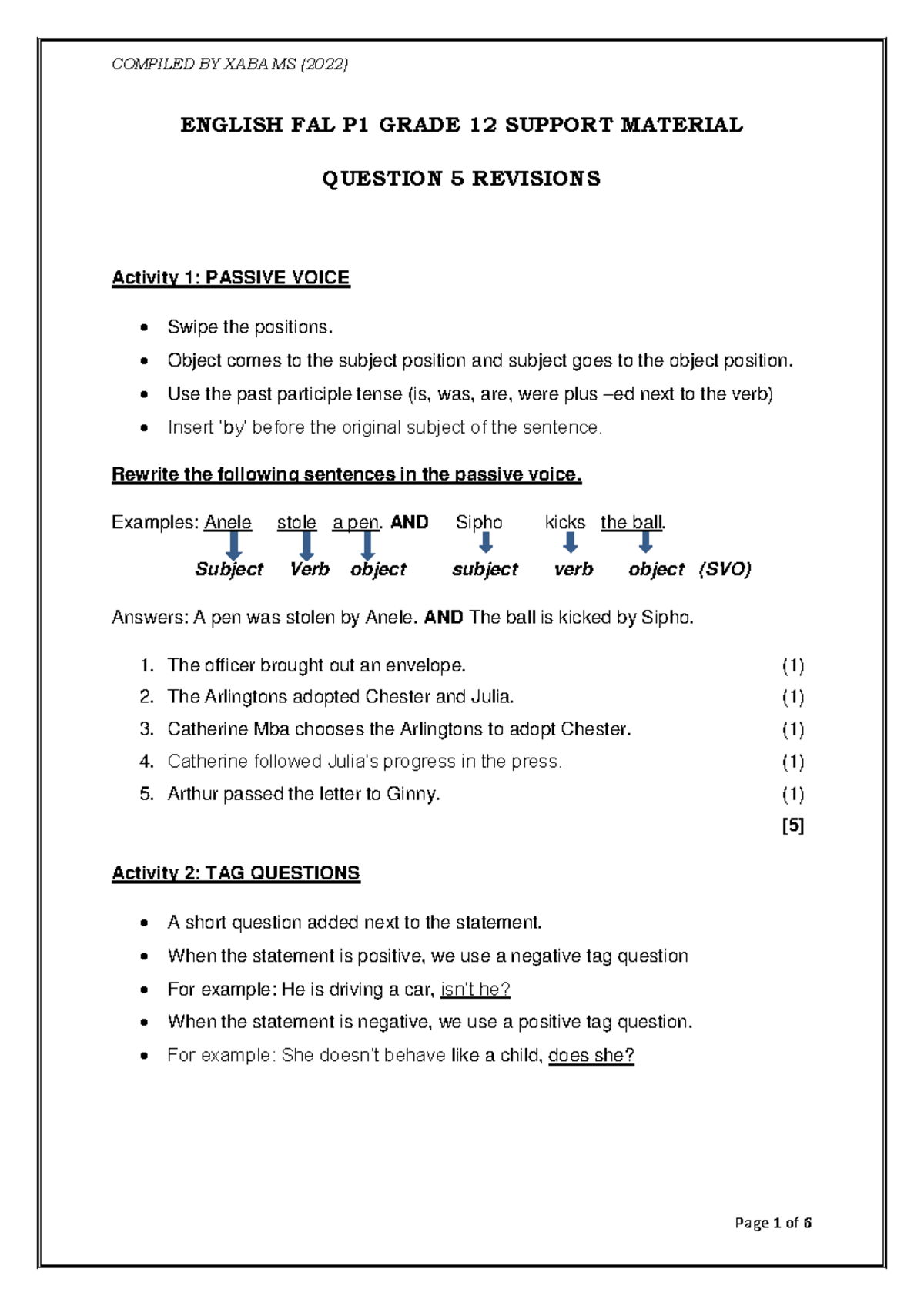 XABA MS (2022) ENGLISH FAL P1 GRADE 12 REVISION NOTES - Studocu