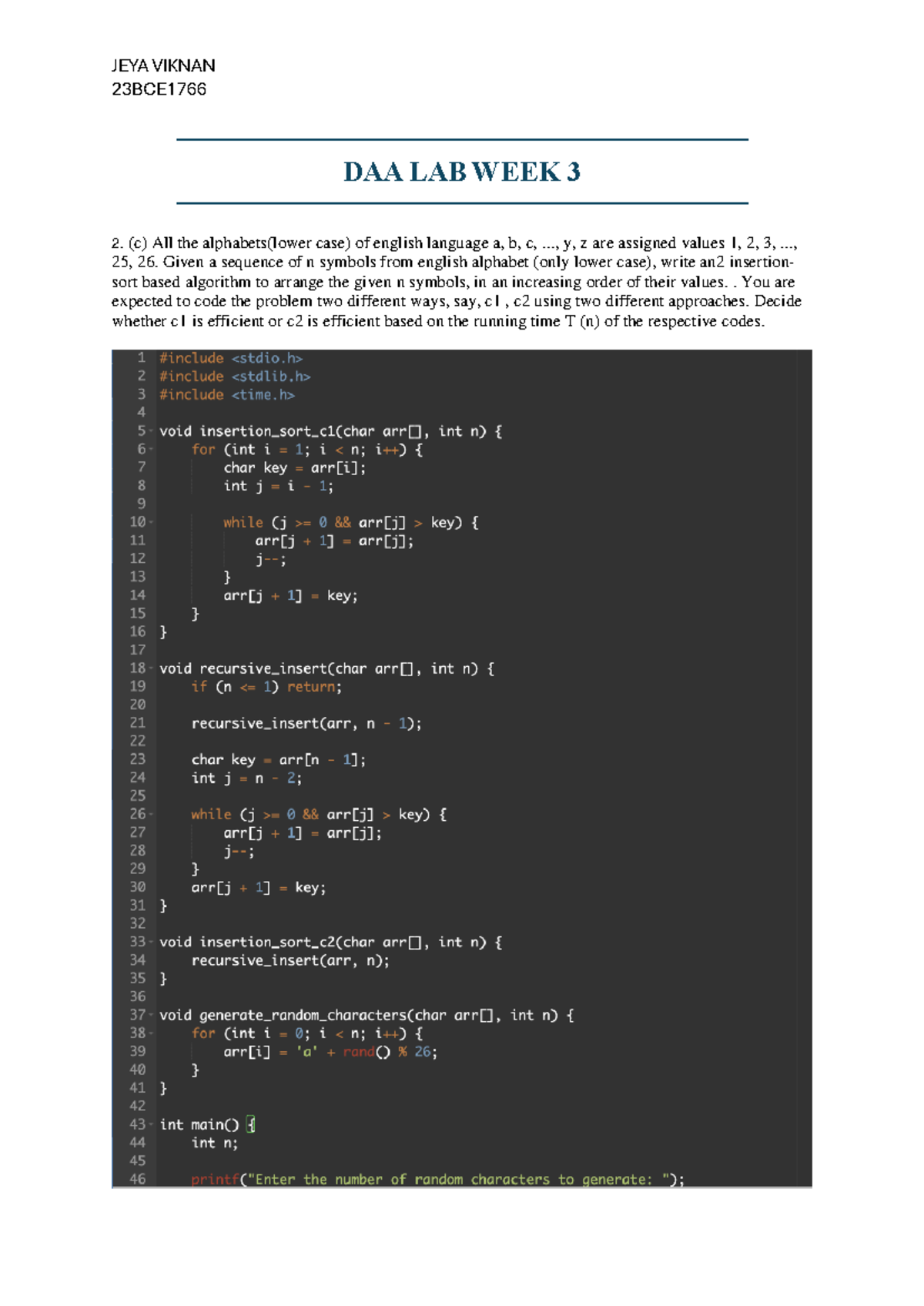 Design analysis algorithm - 23BCE DAA LAB WEEK 3 (c) All the alphabets ...