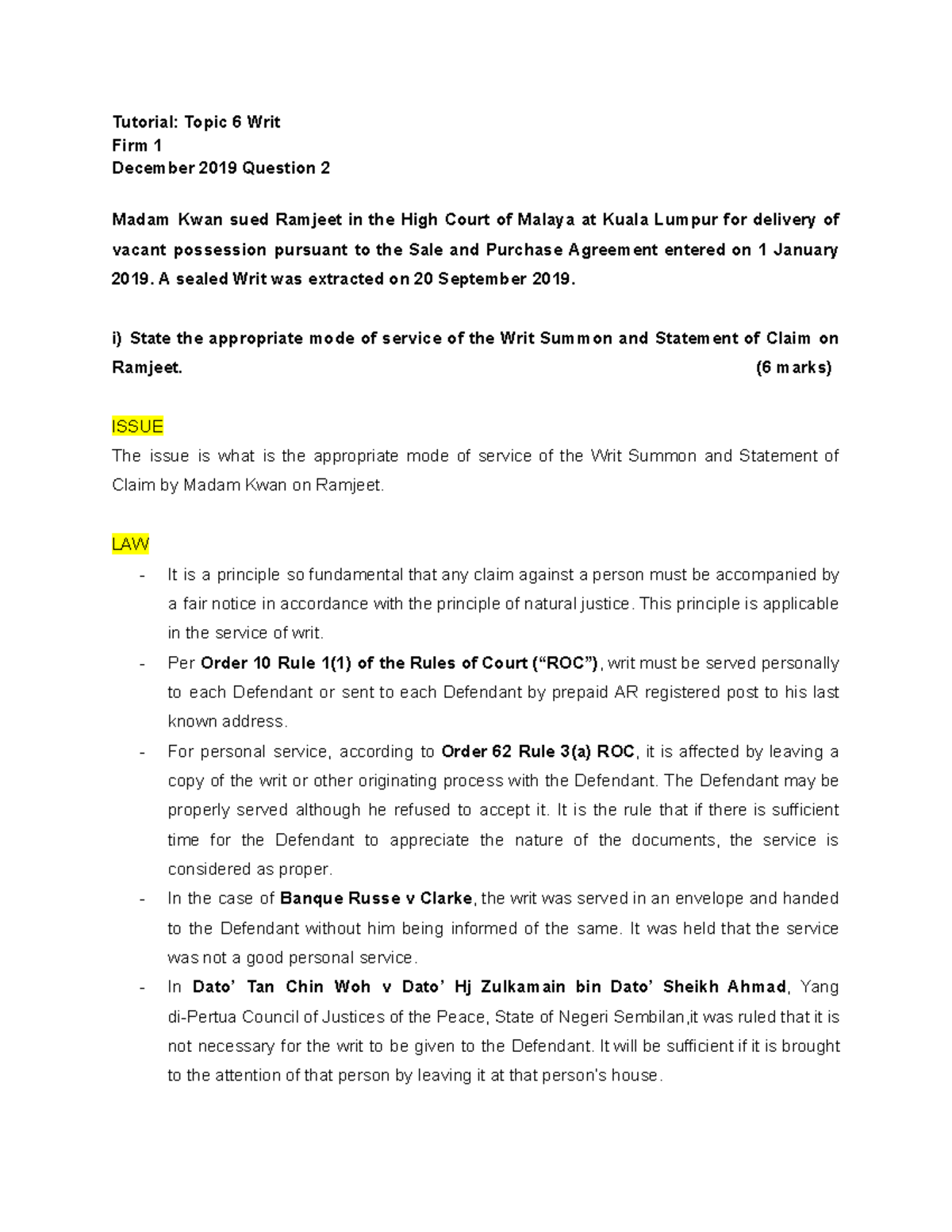 LAW602 Civil Tutorial 3 - Tutorial: Topic 6 Writ Firm 1 December 2019 ...