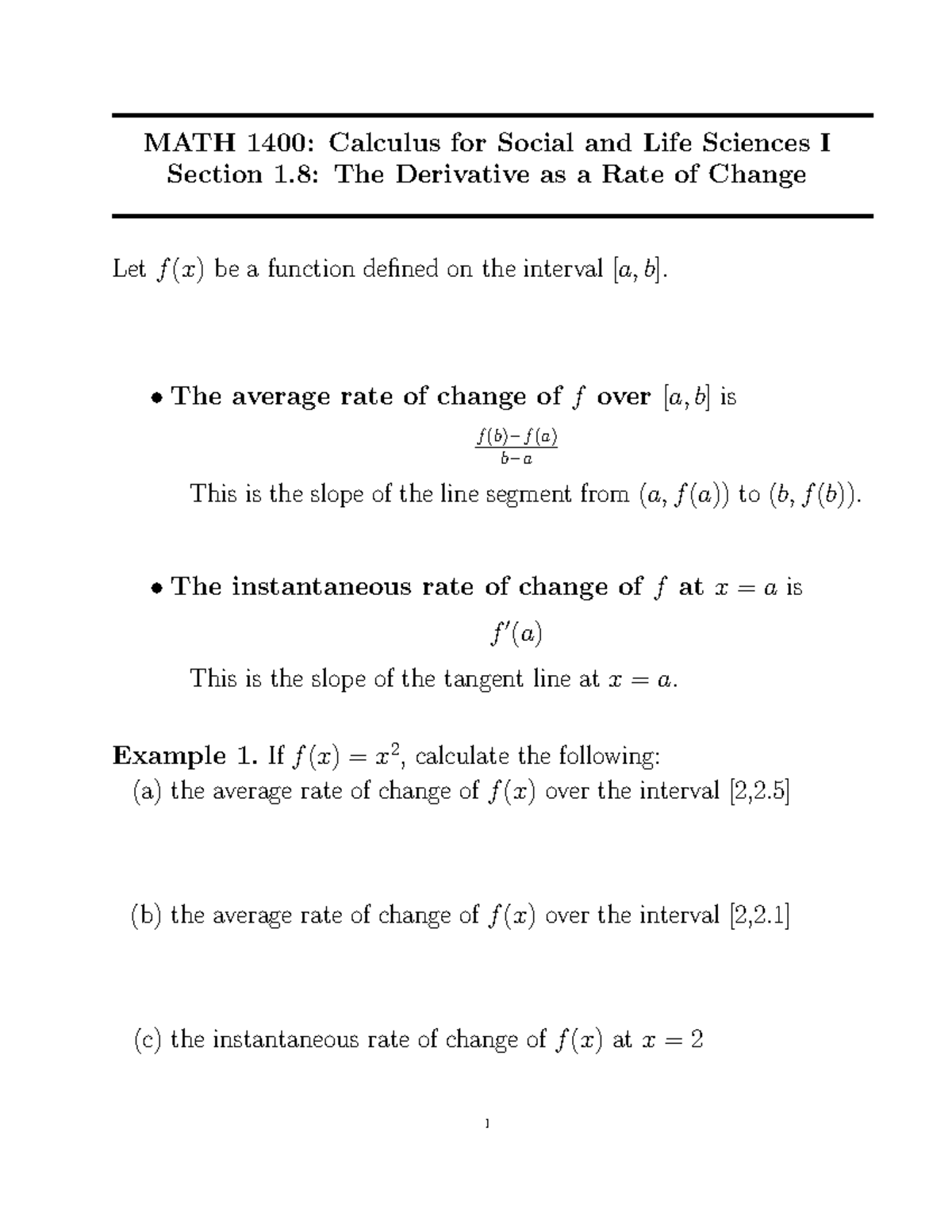 MATH 1400: Lecture Notes on Derivatives & Rates of Change - Studocu