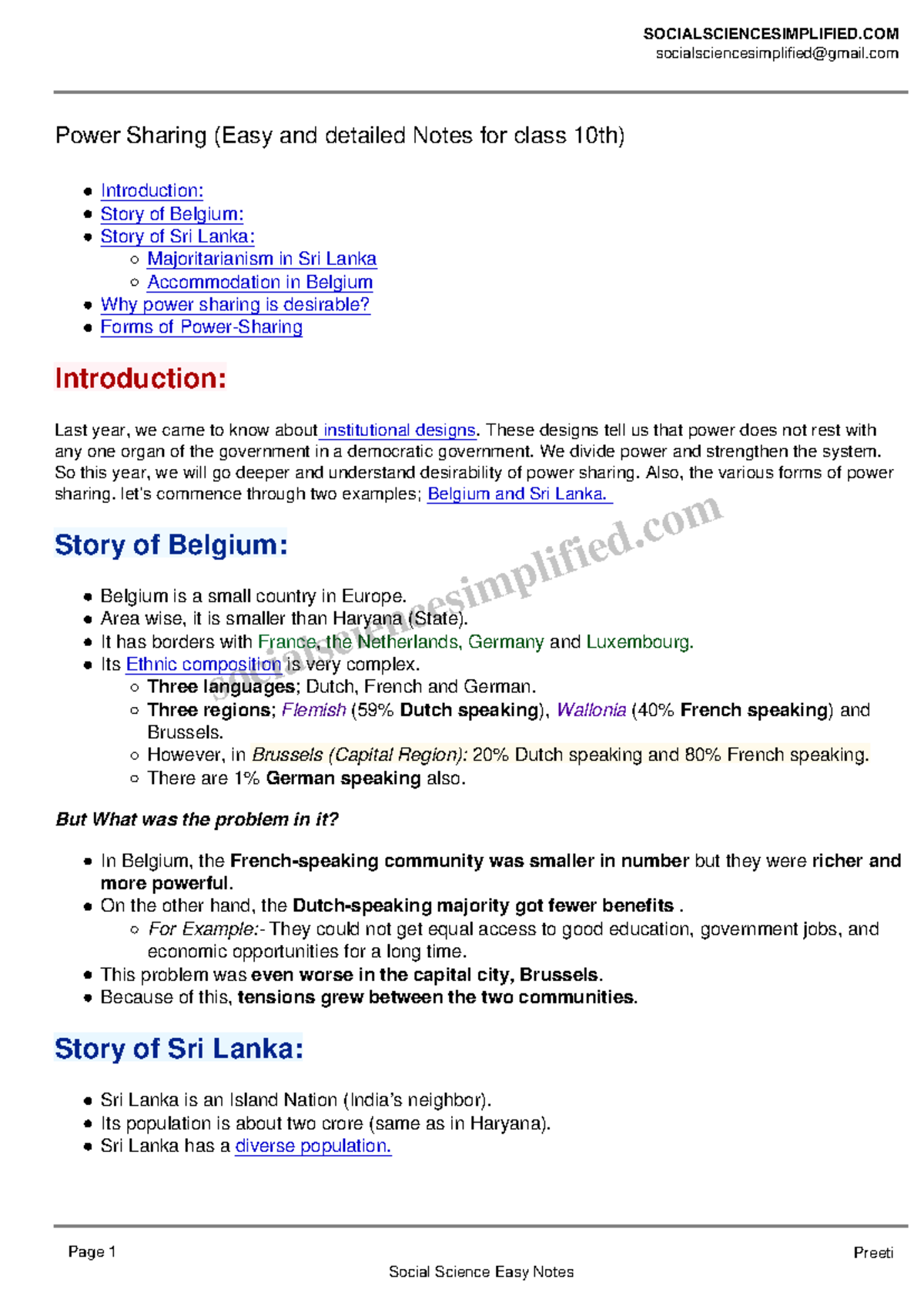 Power Sharing: Detailed Notes for Class 10 (SOCIALSCIENCESIMPLIFIED ...
