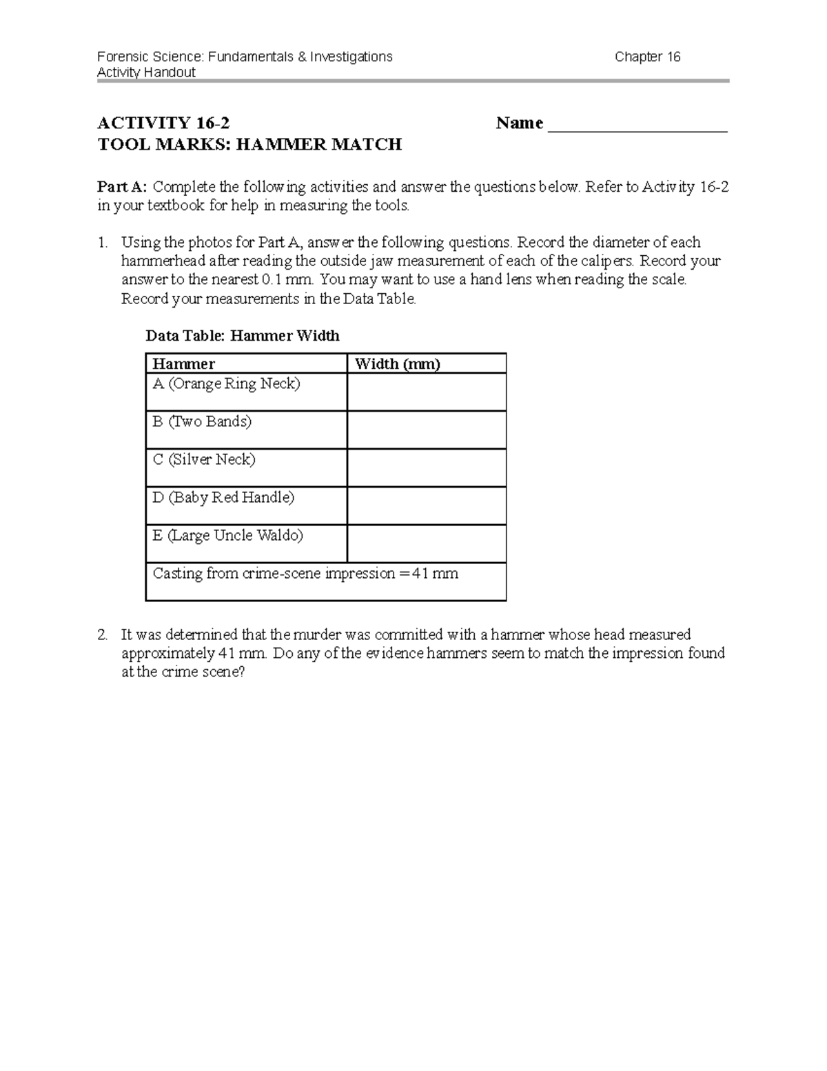 Forensic Science: Ch16 Activity 2 - Tool Marks Analysis Notes - Studocu