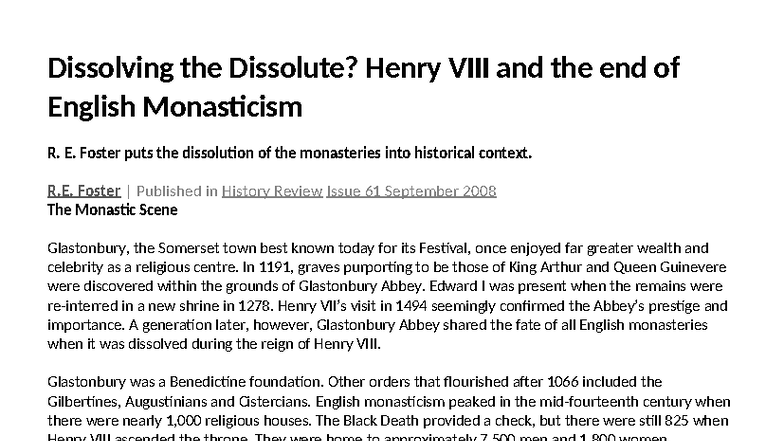 Henry VIII and the Dissolution of the Monasteries: A Historical ...
