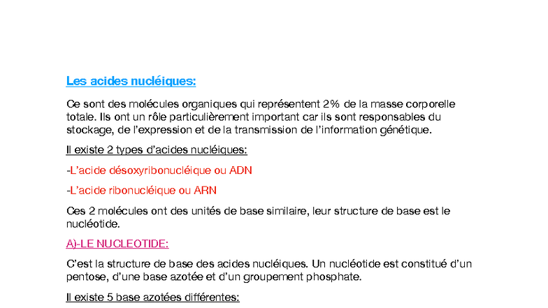 Biologie - Chapitre 1: Les Acides Nucléiques et leur Rôle - Studocu