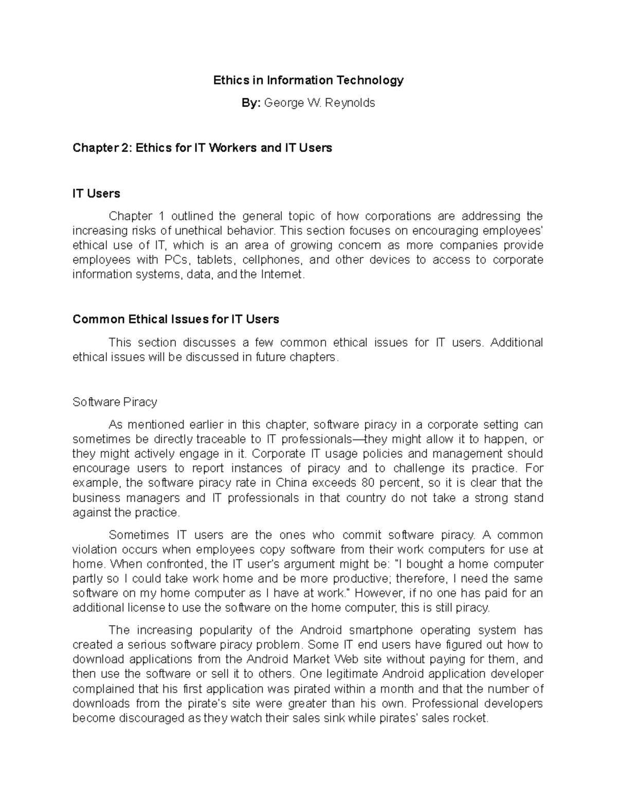 Chapter 2 Ethics for IT Workers and IT Users IT Users - Ethics in ...