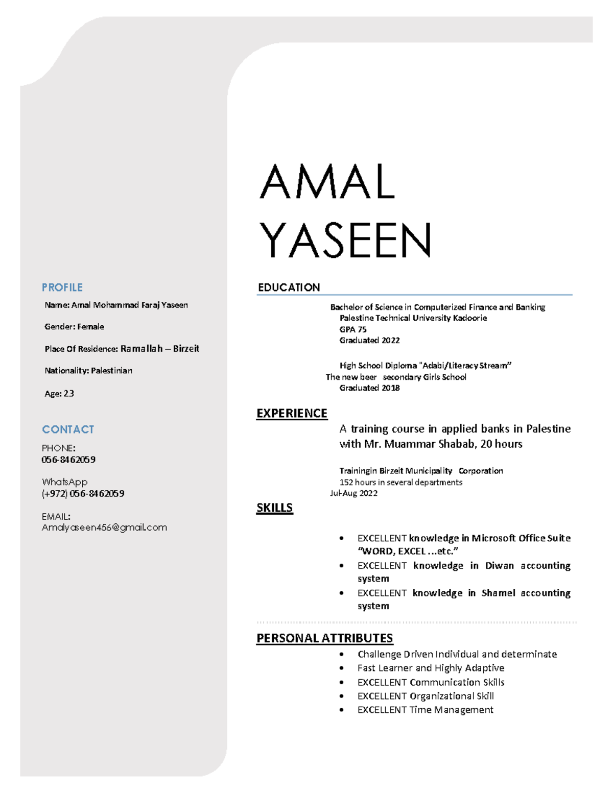 AMAL Yaseen - Profile & Resume Overview - Studocu