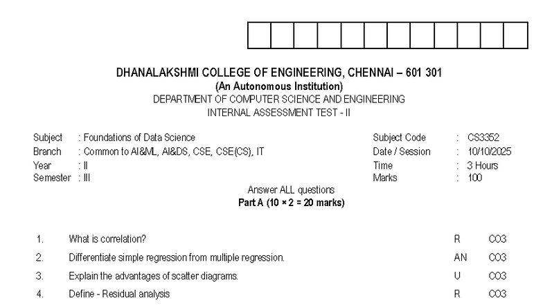FDS IAT II - Foundations of Data Science Common QP (CS3352) - Studocu