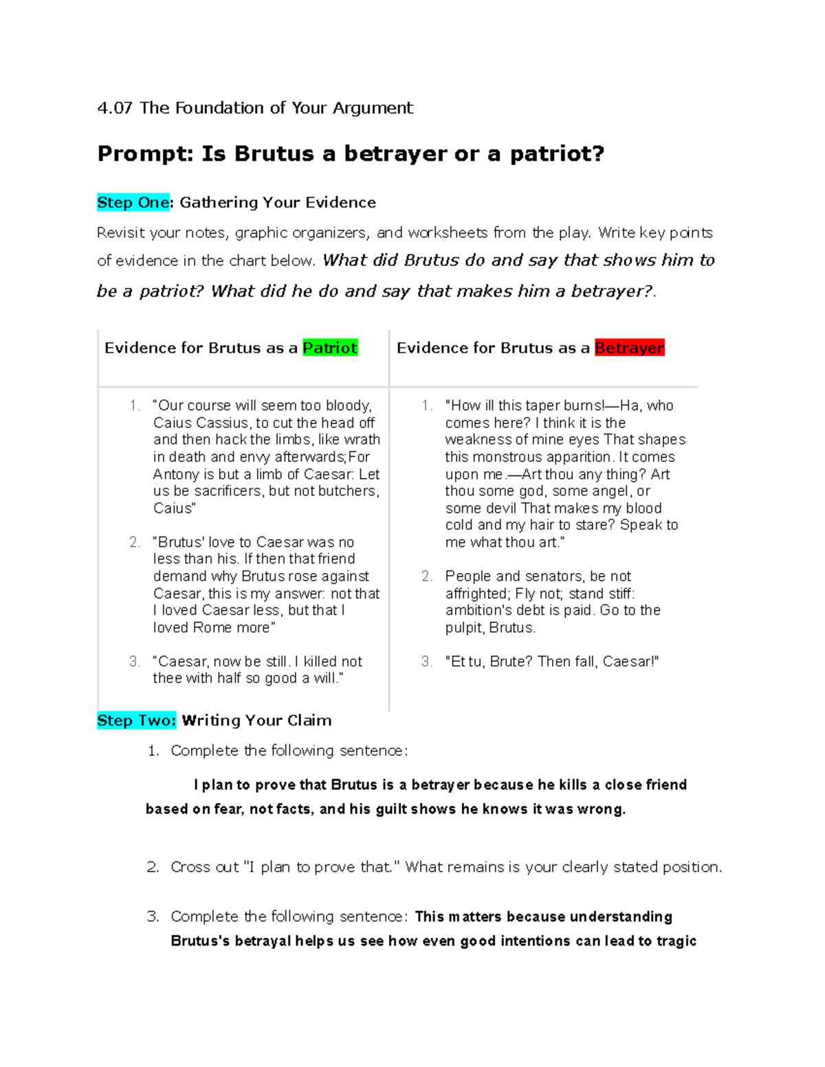 04.07 Argument Analysis: Is Brutus a Betrayer or Patriot? - Studocu