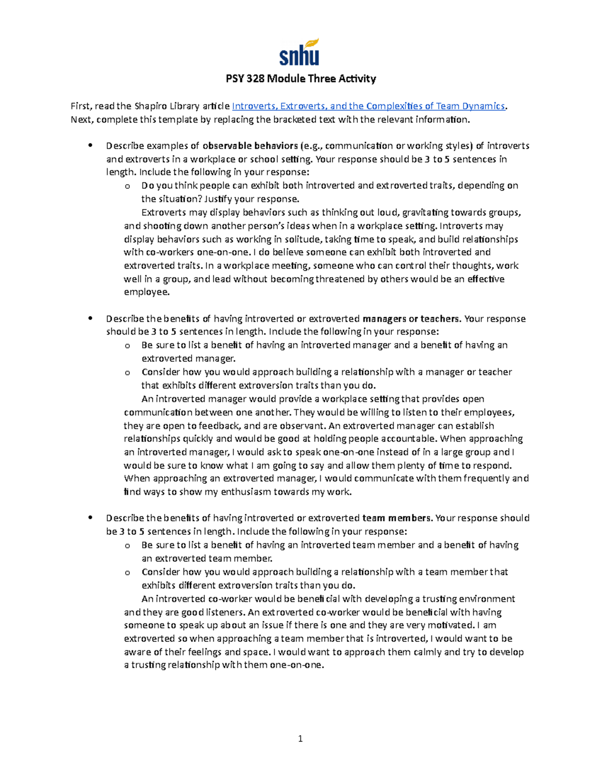 PSY 328 Module Three Activity: Understanding Introversion and ...