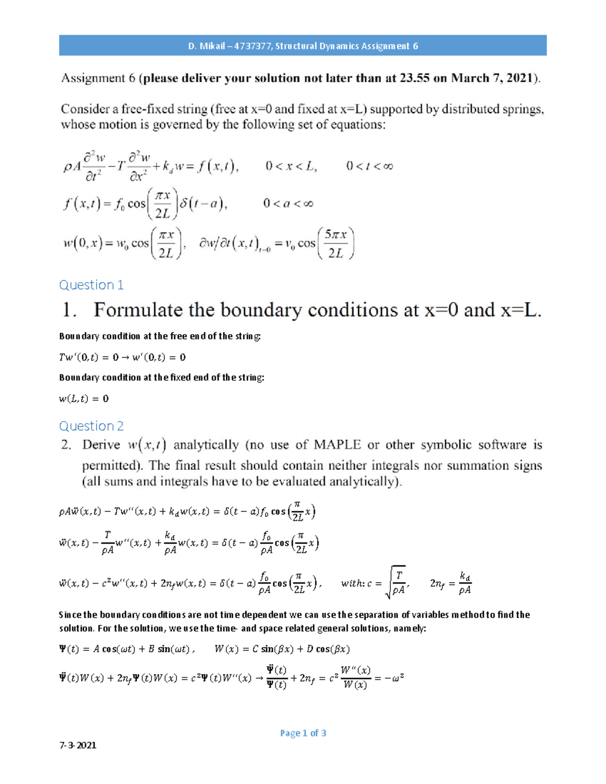 Structural Dynamics Assignment 6 Solutions and Analysis - Studeersnel
