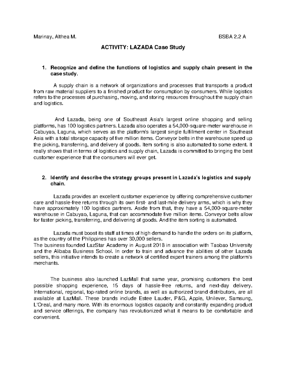 Activity 1 - Lazada Case Study Analysis (BSBA 2.2 A) - Studocu