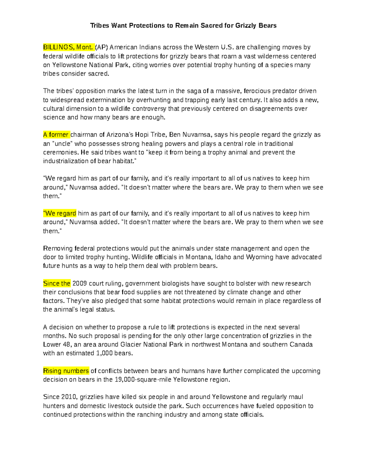 Copy of Article Tribes Want Protections to Remain for Sacred Grizzly ...