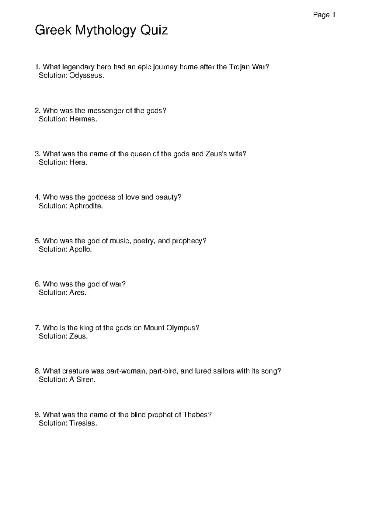 Quiz 12: Greek Mythology with Solutions - Studocu