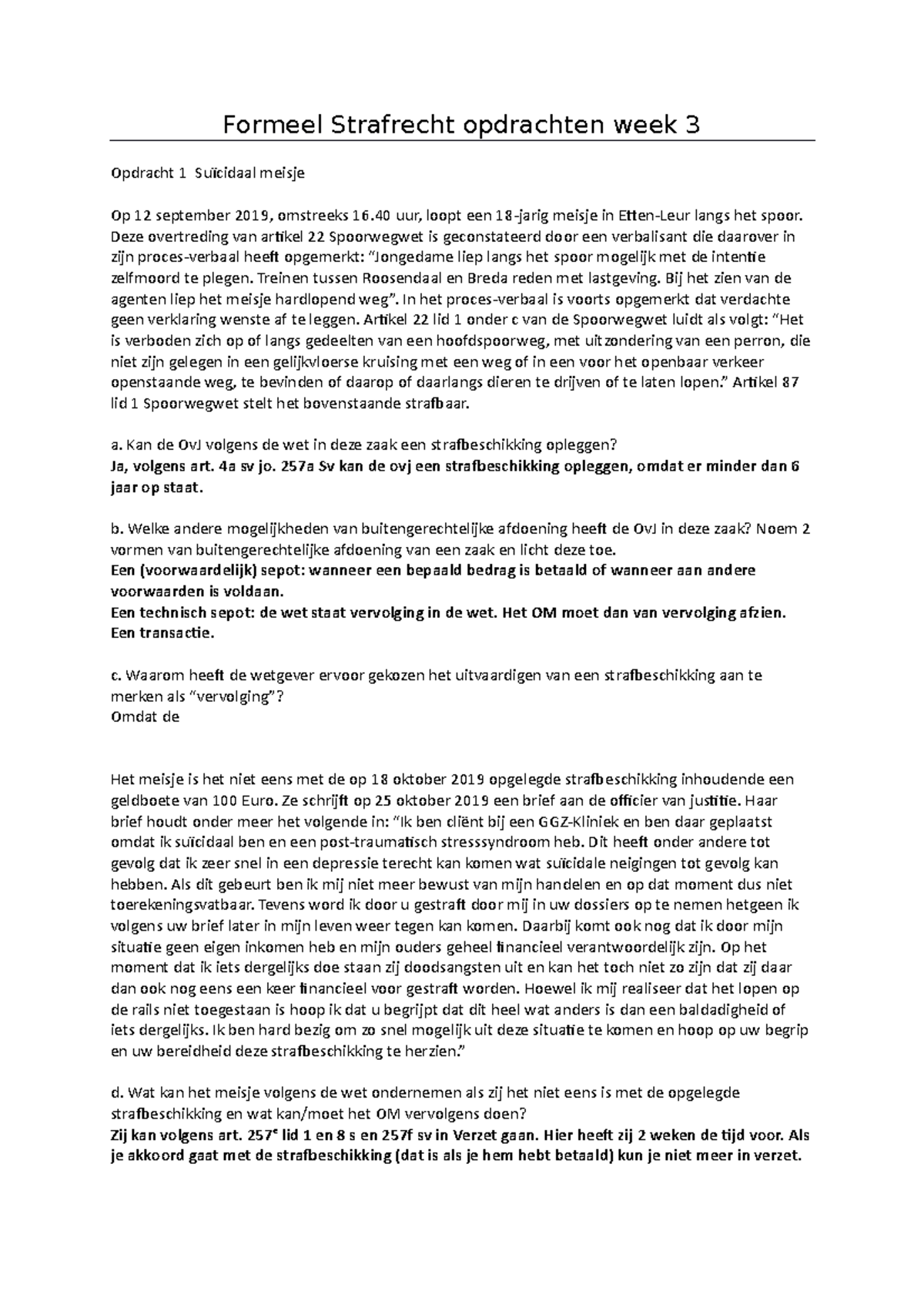 Formeel Strafrecht Opdrachten Week 3: Suïcidaal Meisje en ...