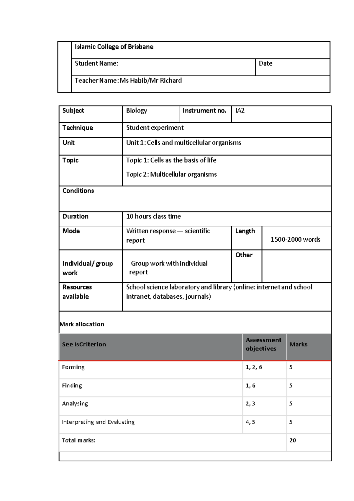 Yr 11 Bio IA2 Task Sheet: Cells & Multicellular Organisms - Studocu