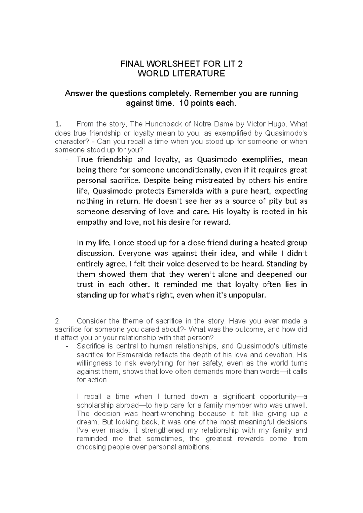 LIT 2 - Answers of LIT 2 - FINAL WORLSHEET FOR LIT 2 WORLD LITERATURE ...