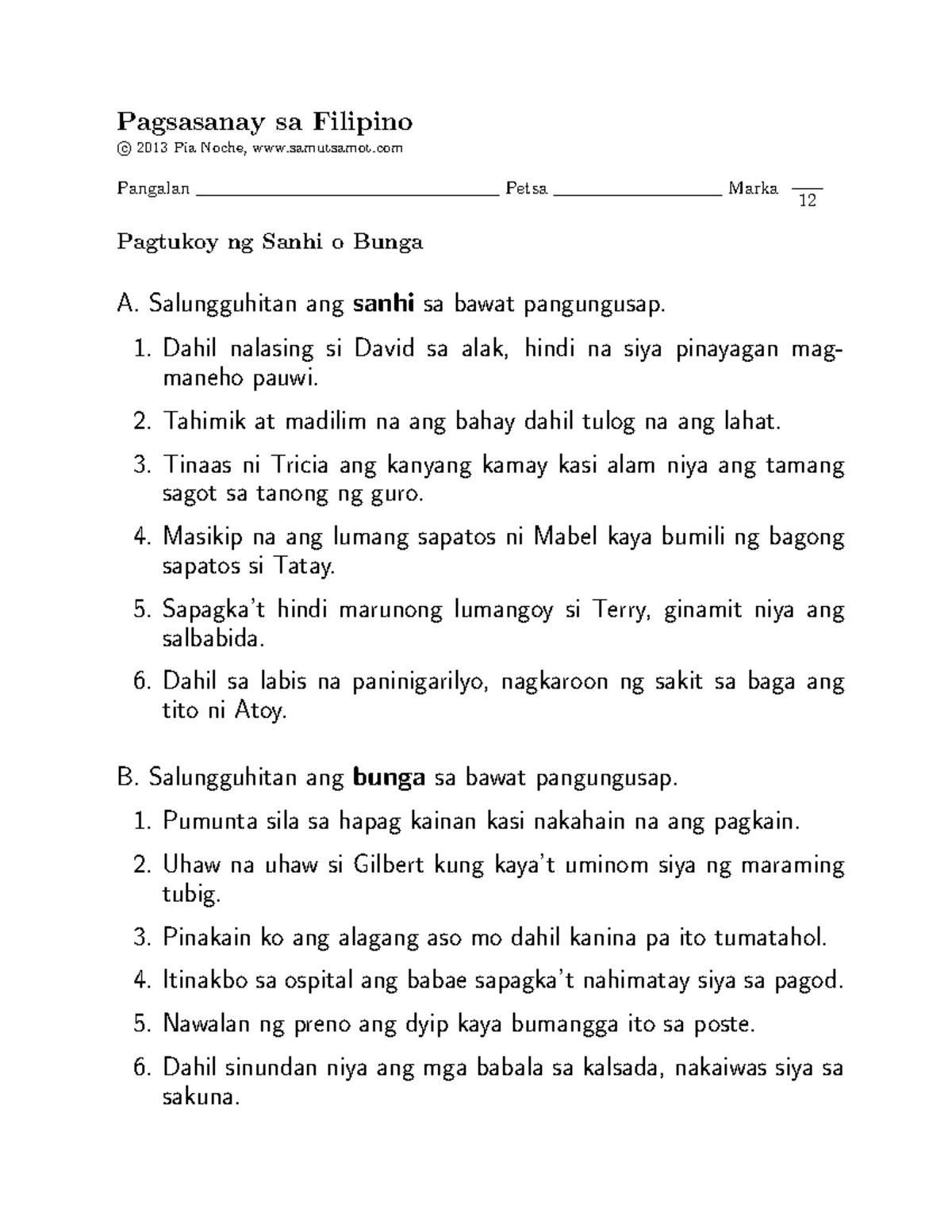 Pagtukoy ng Sanhi o Bunga - Pagsasanay sa Filipino 2-1 - Studocu