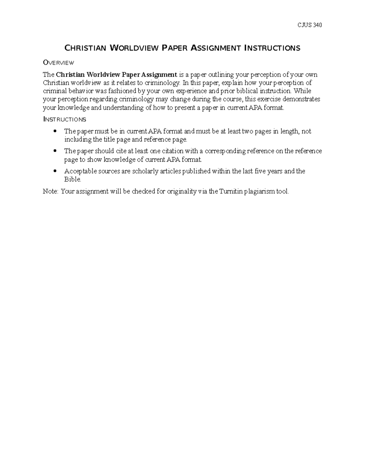 CJUS 340 Christian Worldview Paper Assignment Instructions - Studocu